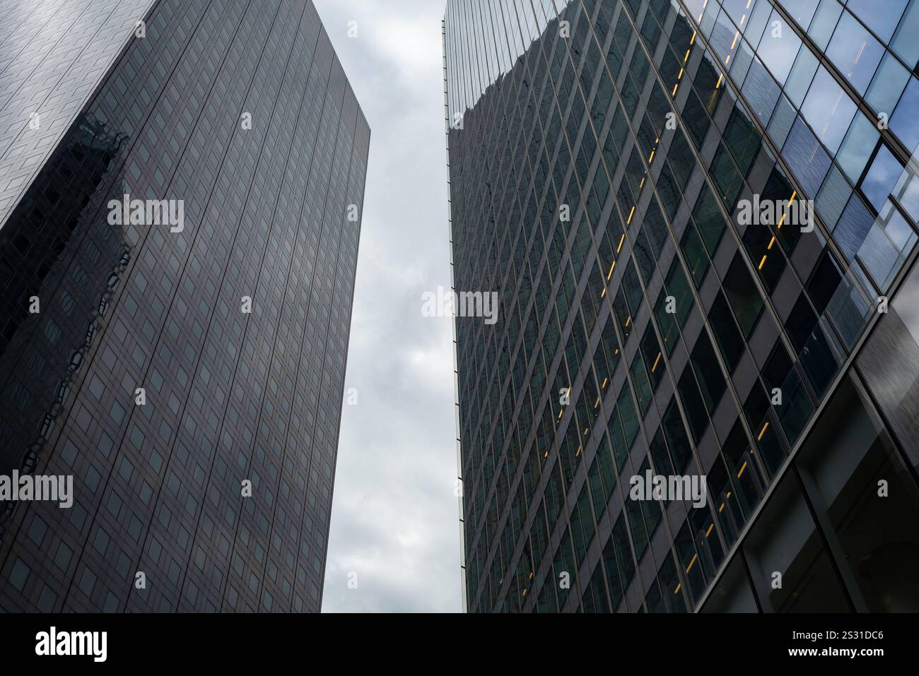 Abstract view of high rise glass fronted office buildings in a Paris ...