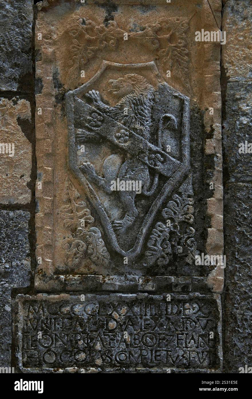 Lion rampant and five-petalled roses in armorial tablet on an exterior ...