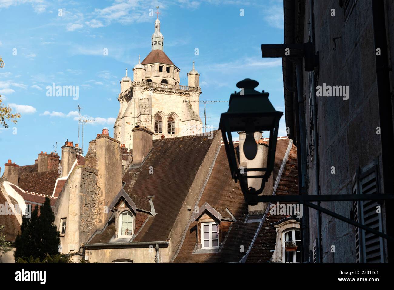 Roof tops and church view of the beautiful architecture of Dole in the ...