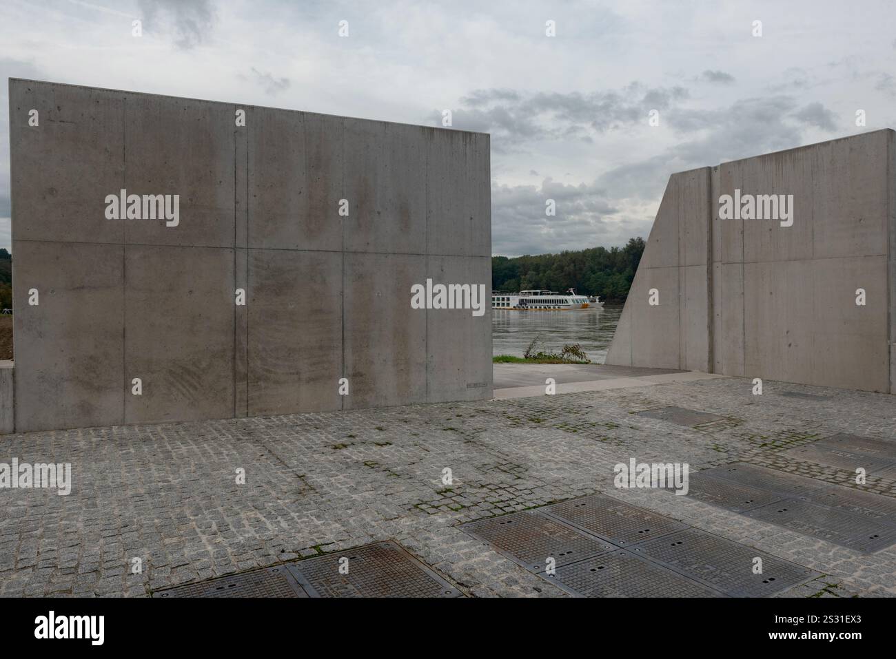 Concrete flood protection walls built as a barrier to prevent excessive ...
