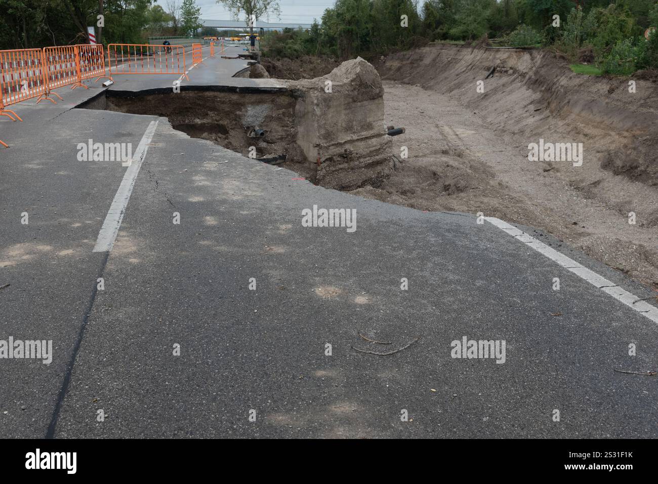 Flood damaged road subsidence in Lower Austria near the River Danube ...