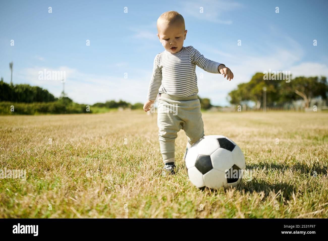 Outdoor, baby and soccer ball on a grass field with mobility ...