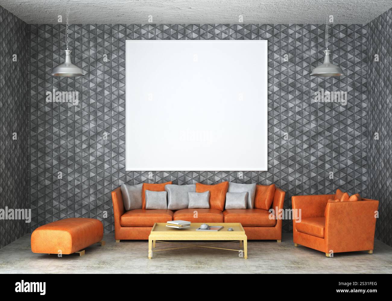 3D illustration, Mockup photo frame on the wall of lounge or living ...