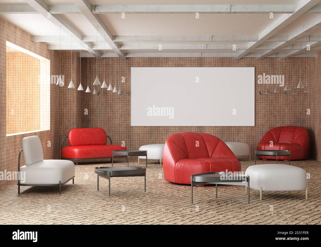 3D illustration, Mockup photo frame on the wall of lounge or living ...