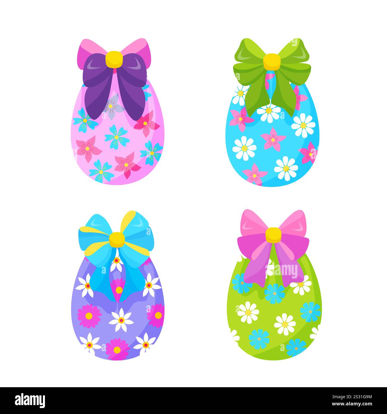 colorful hand-drawn Easter eggs set with bows, ribbons and flowers ...