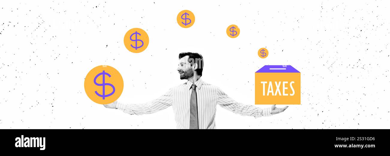 Creative graphic design. Man balances dollar symbols and tax box in ...