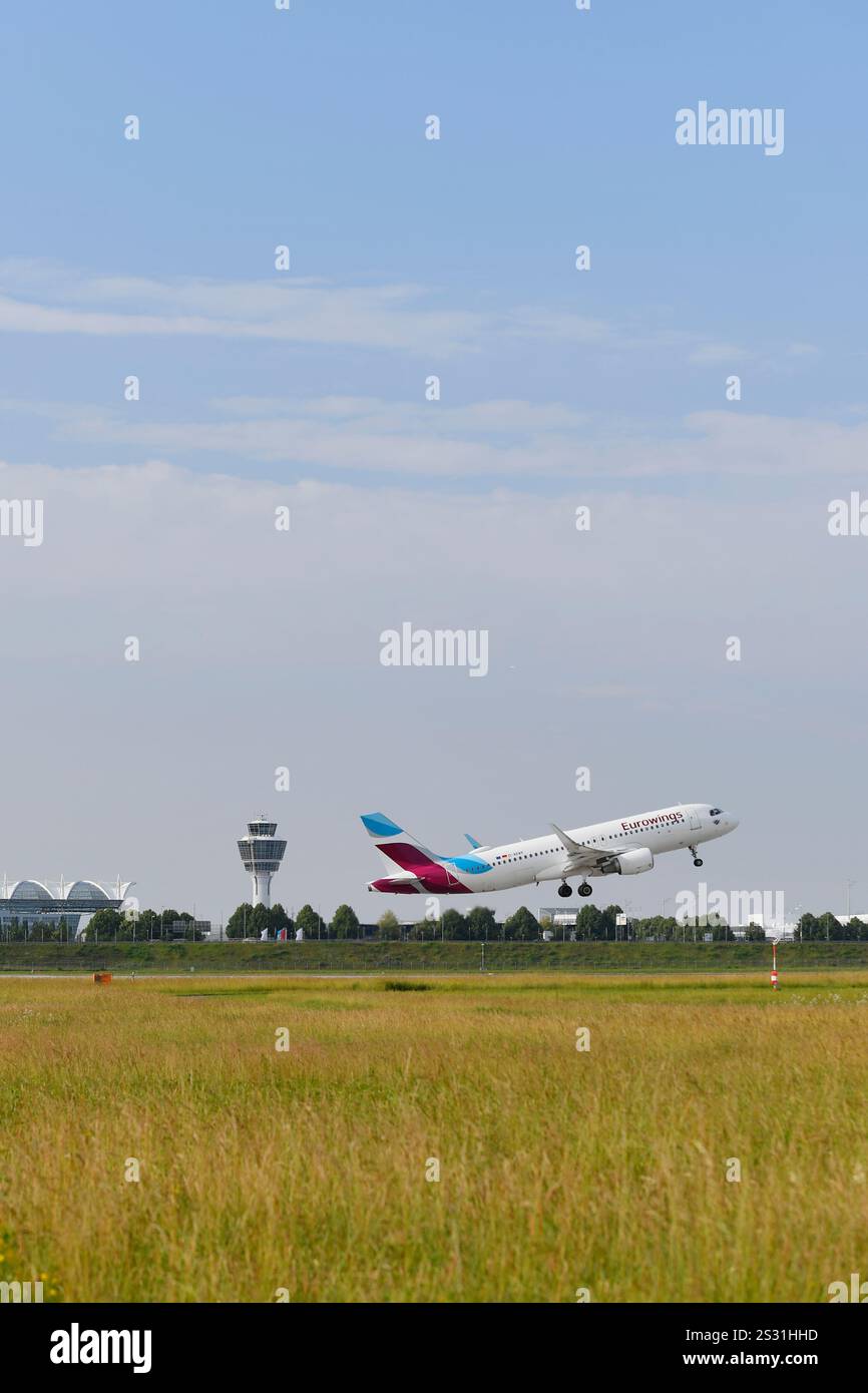 Eurowings, Airbus, A320, A320-214, take off, runway north, Tower ...
