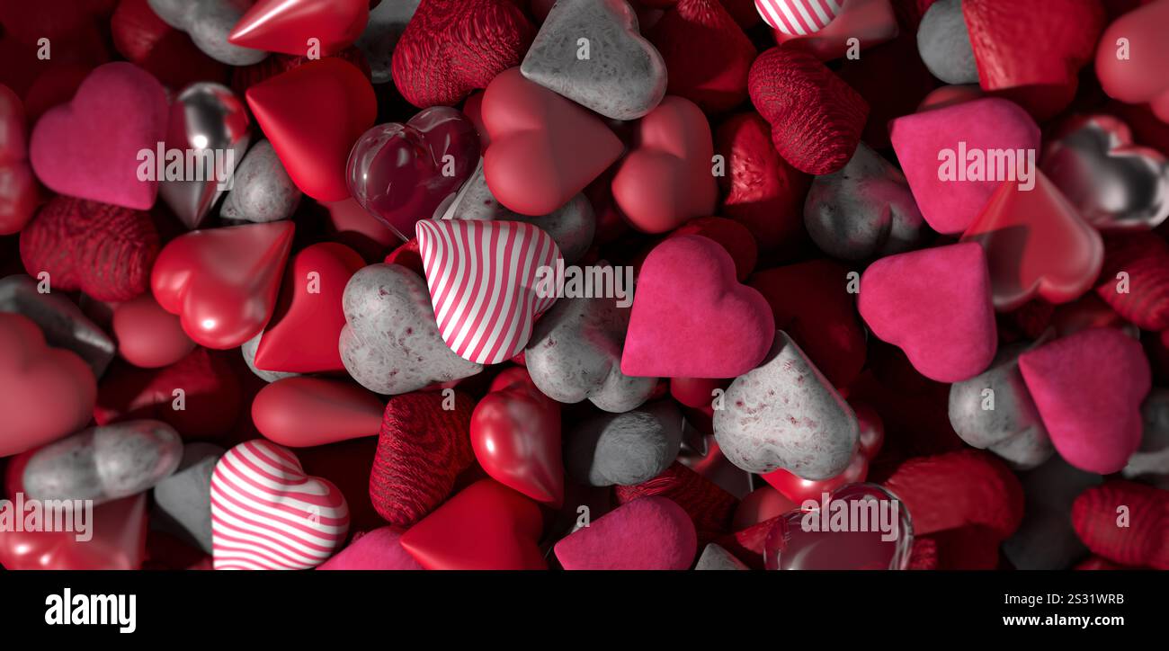 Background of red hearts with different textures mixed with stone ...