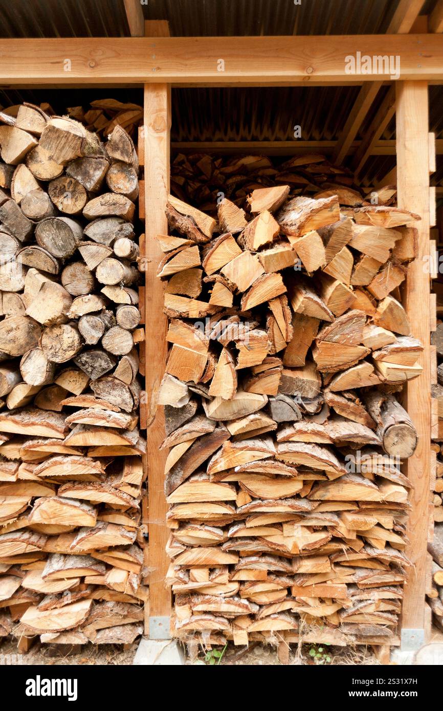 Wood stacked in a wood shed Stock Photo - Alamy