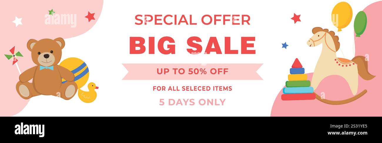 Advertising banner with teddy bear, horse, ball, duck. Toy store banner ...