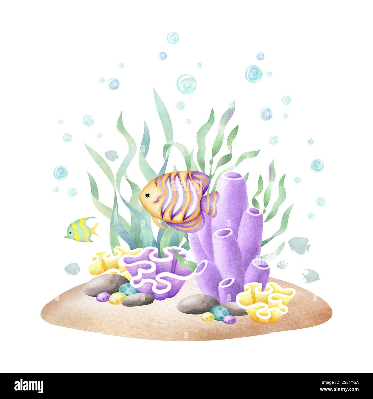 Seabed with fish, seaweed, coral, pebbles, stones, bubbles watercolor ...