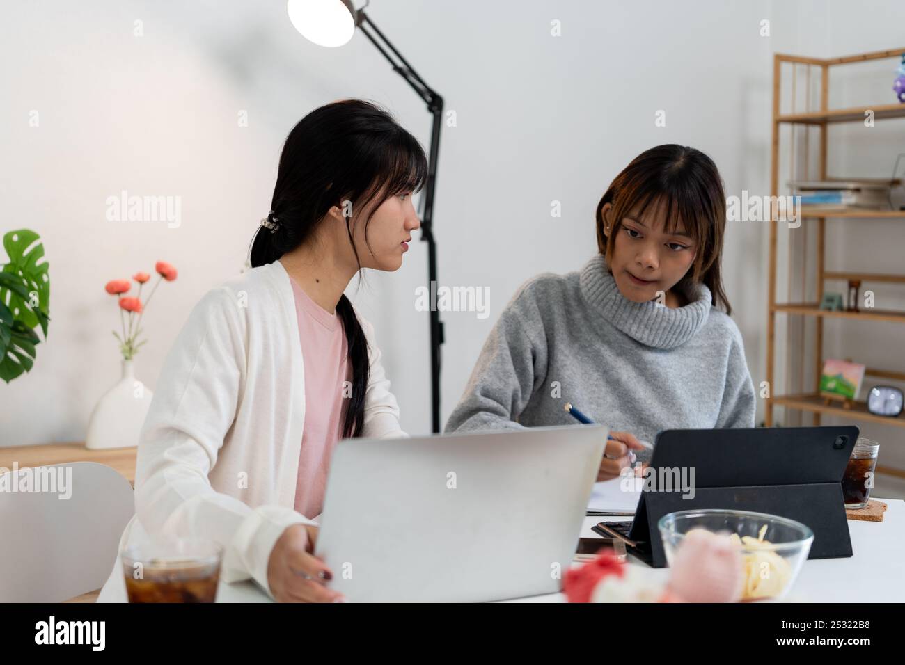 Female higher education student using laptop and studying book in home ...
