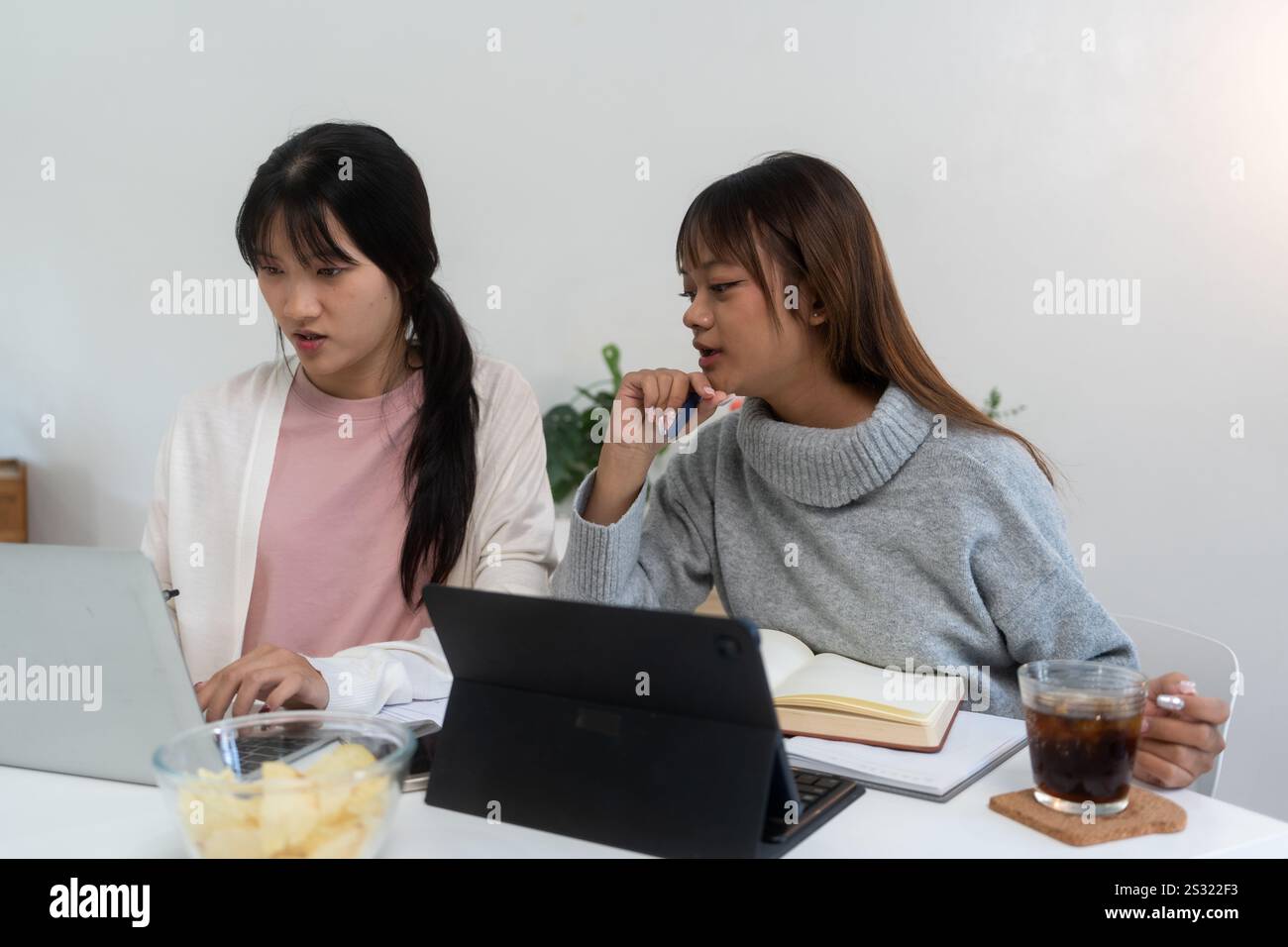 Female higher education student using laptop and studying book in home ...