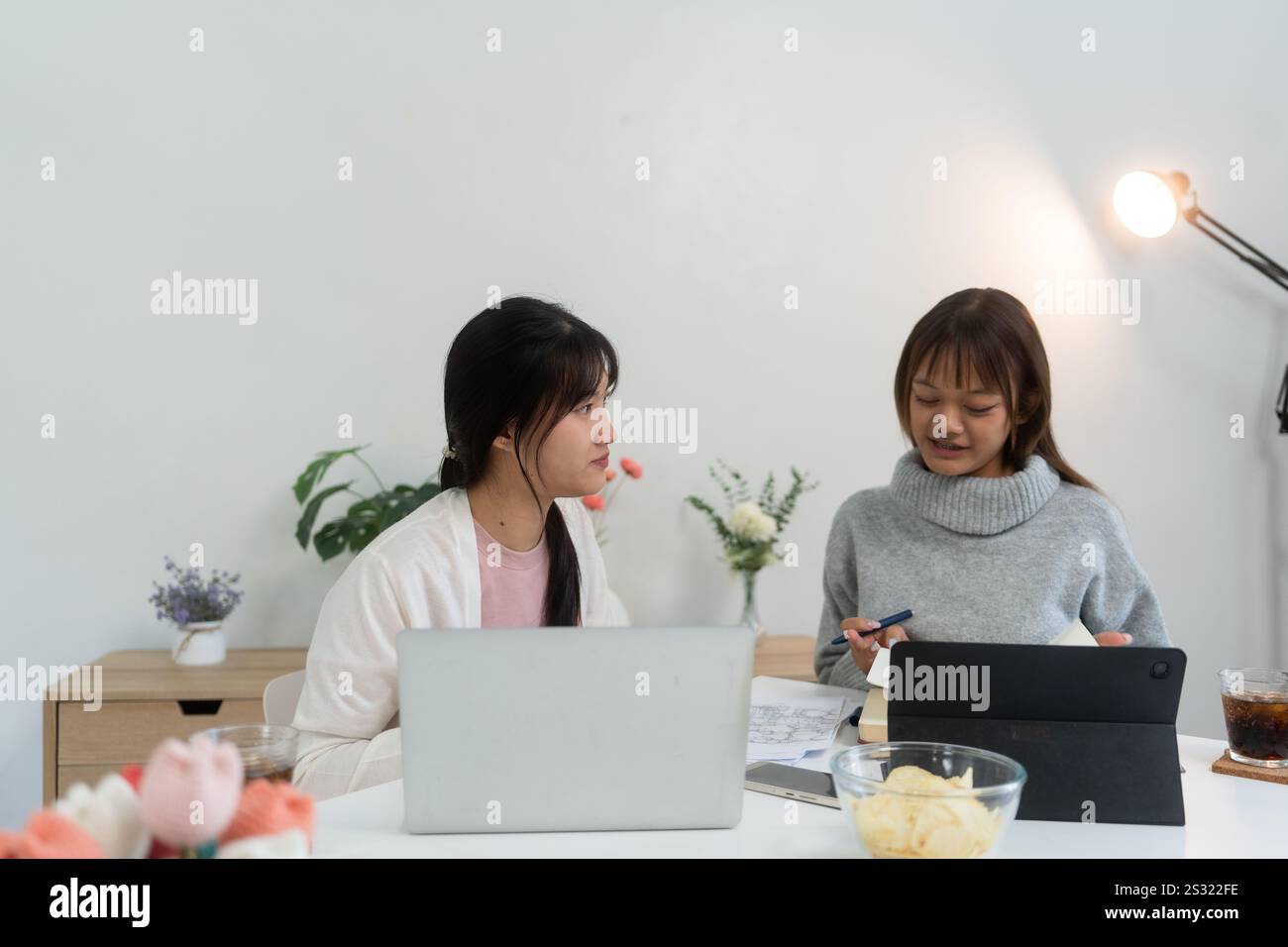 Female higher education student using laptop and studying book in home ...