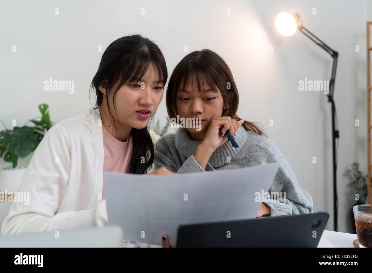 Female higher education student using laptop and studying book in home ...