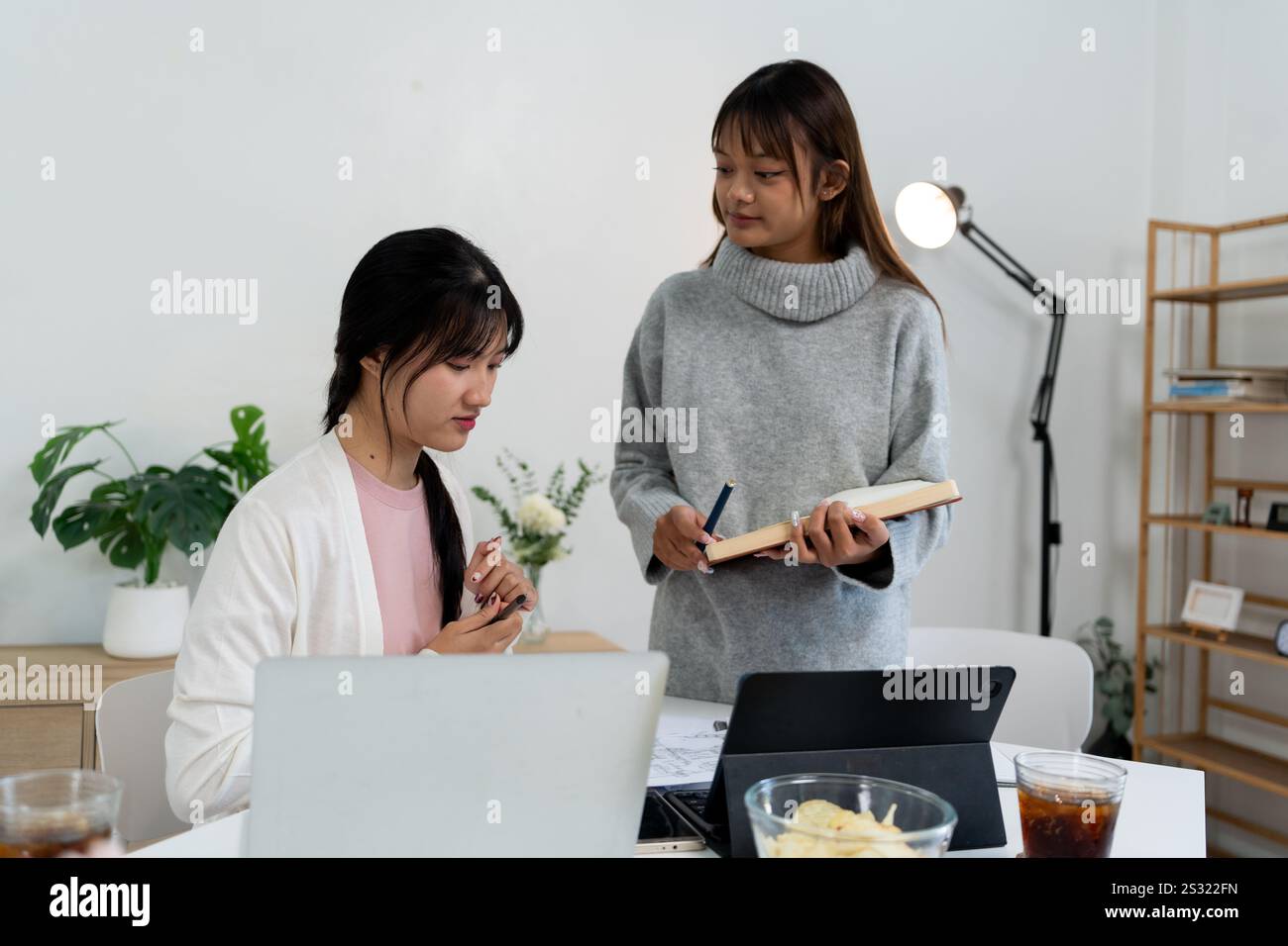 Female higher education student using laptop and studying book in home ...