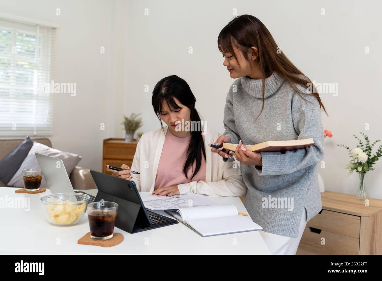 Female higher education student using laptop and studying book in home ...