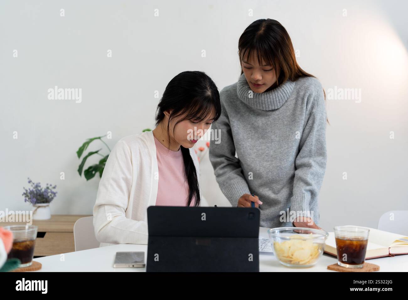 Female higher education student using laptop and studying book in home ...