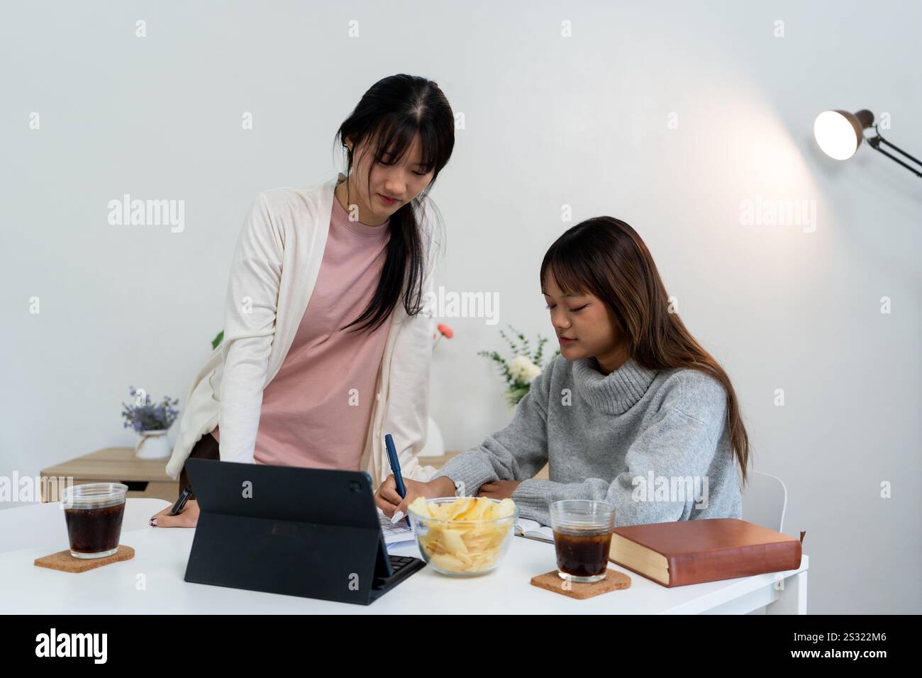 Female higher education student using laptop and studying book in home ...