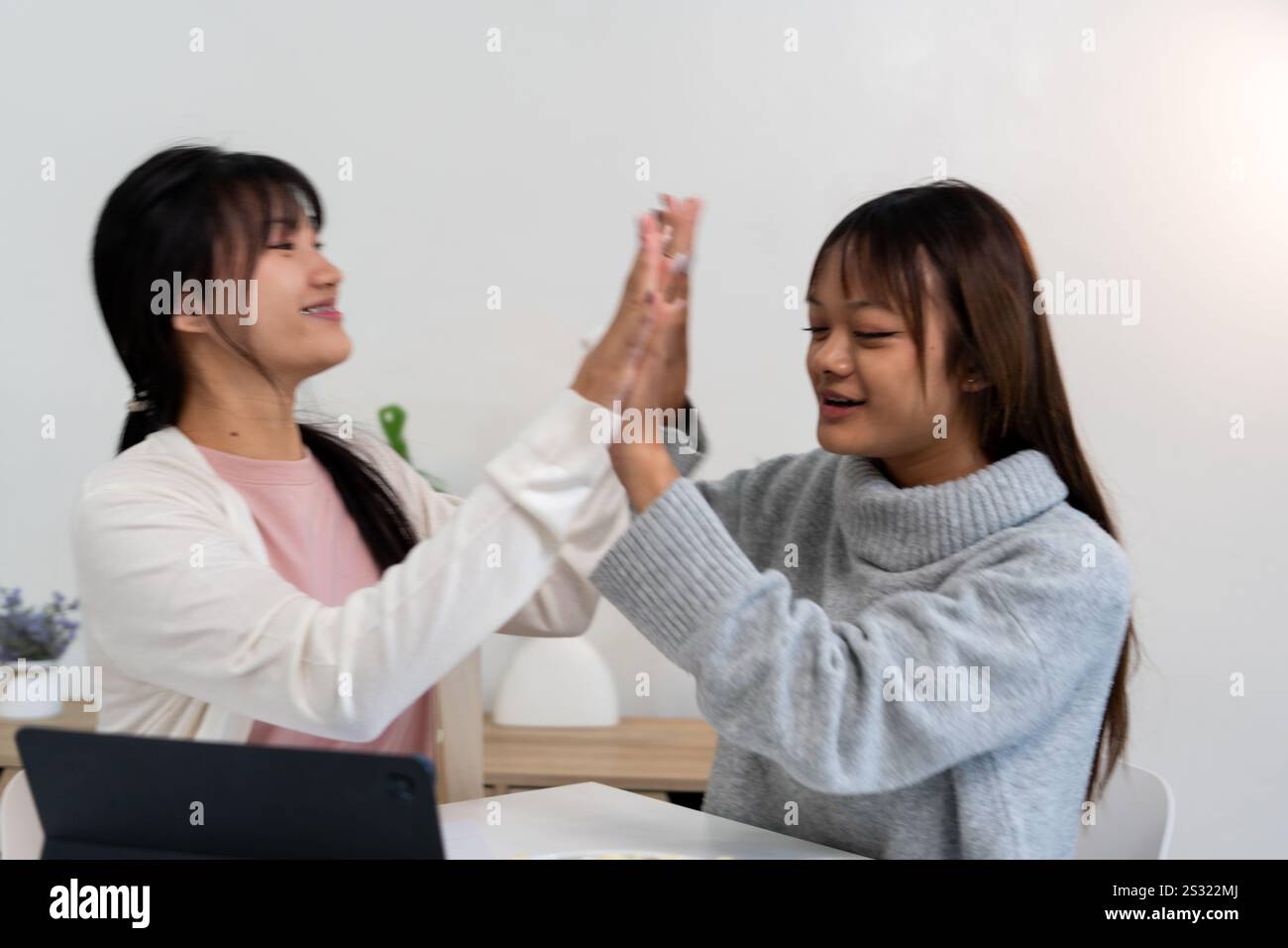 Female higher education student using laptop and studying book in home ...