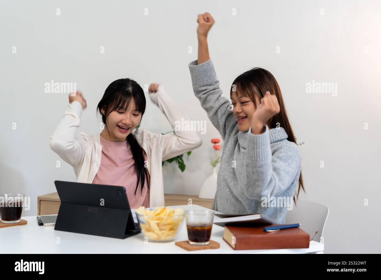 Female higher education student using laptop and studying book in home ...