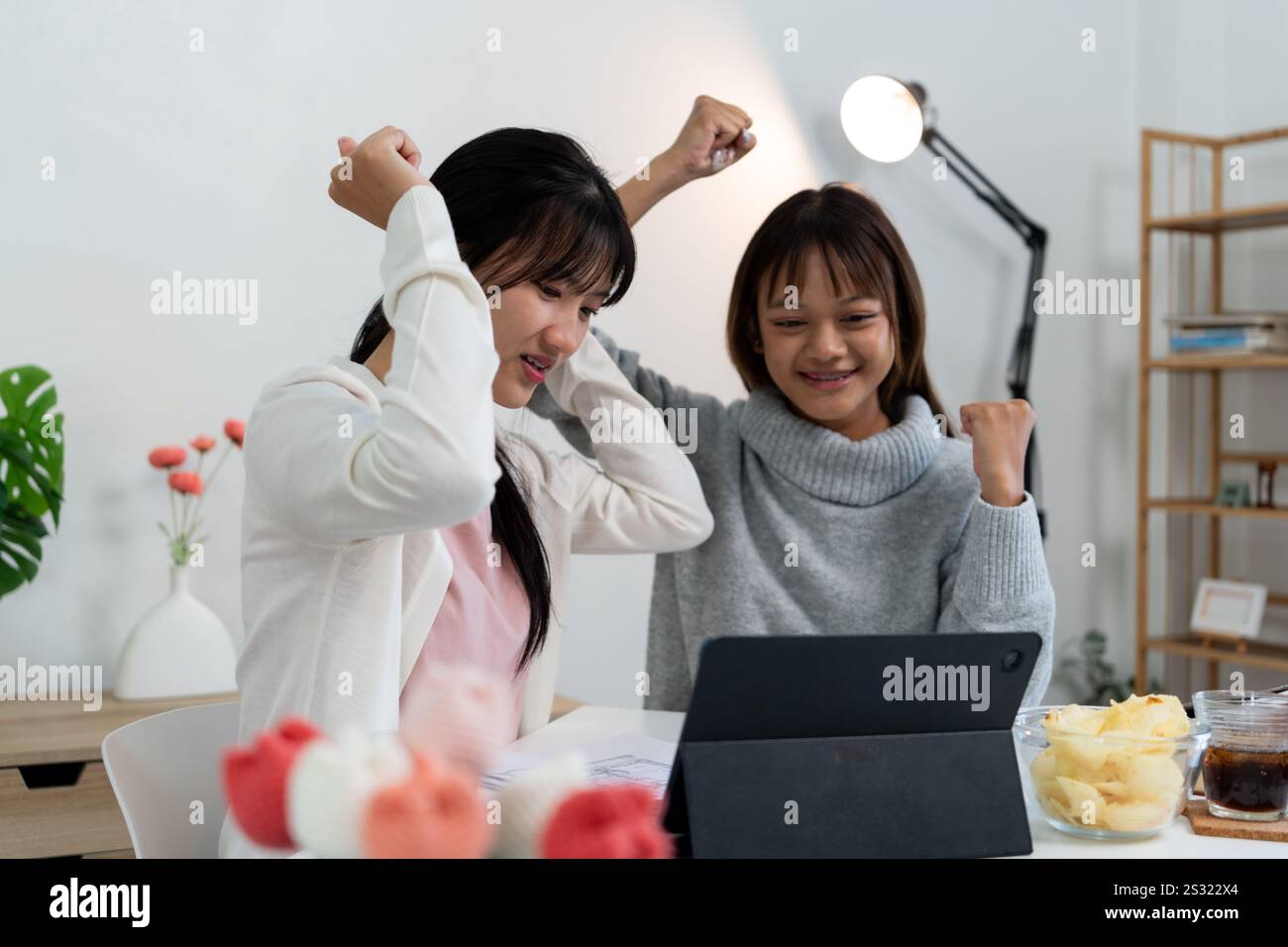 Female higher education student using laptop and studying book in home ...