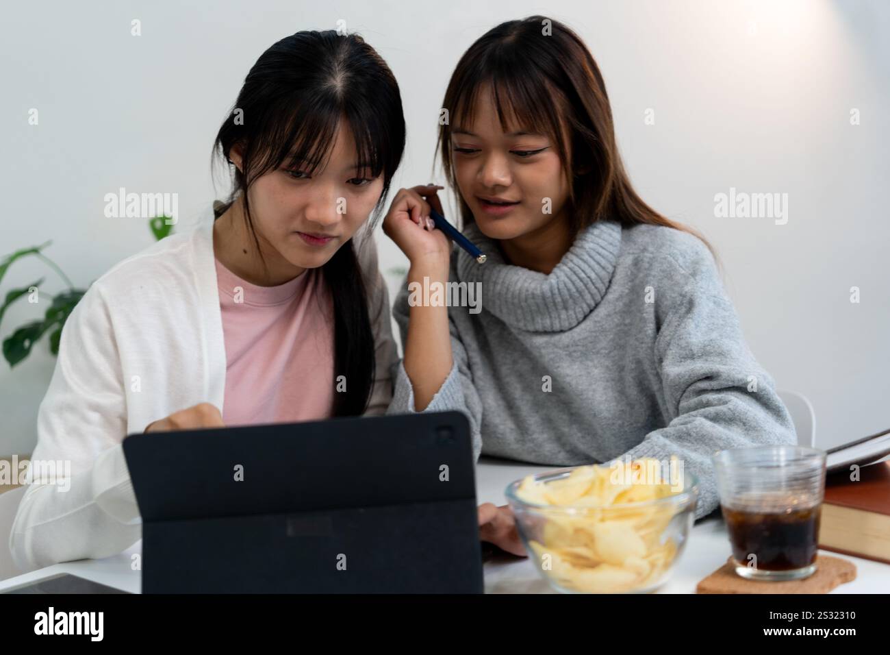 Female higher education student using laptop and studying book in home ...