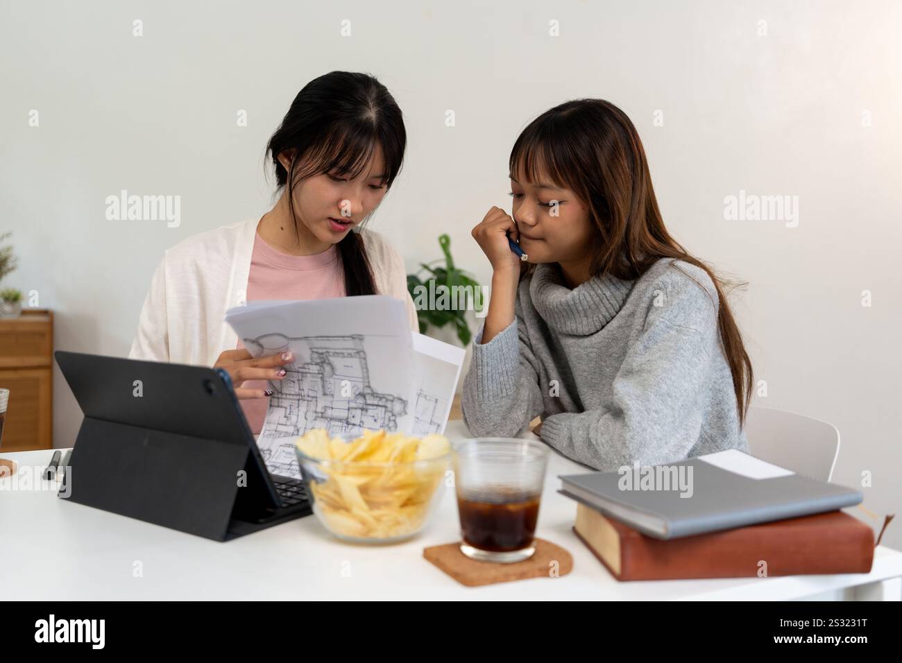 Female higher education student using laptop and studying book in home ...