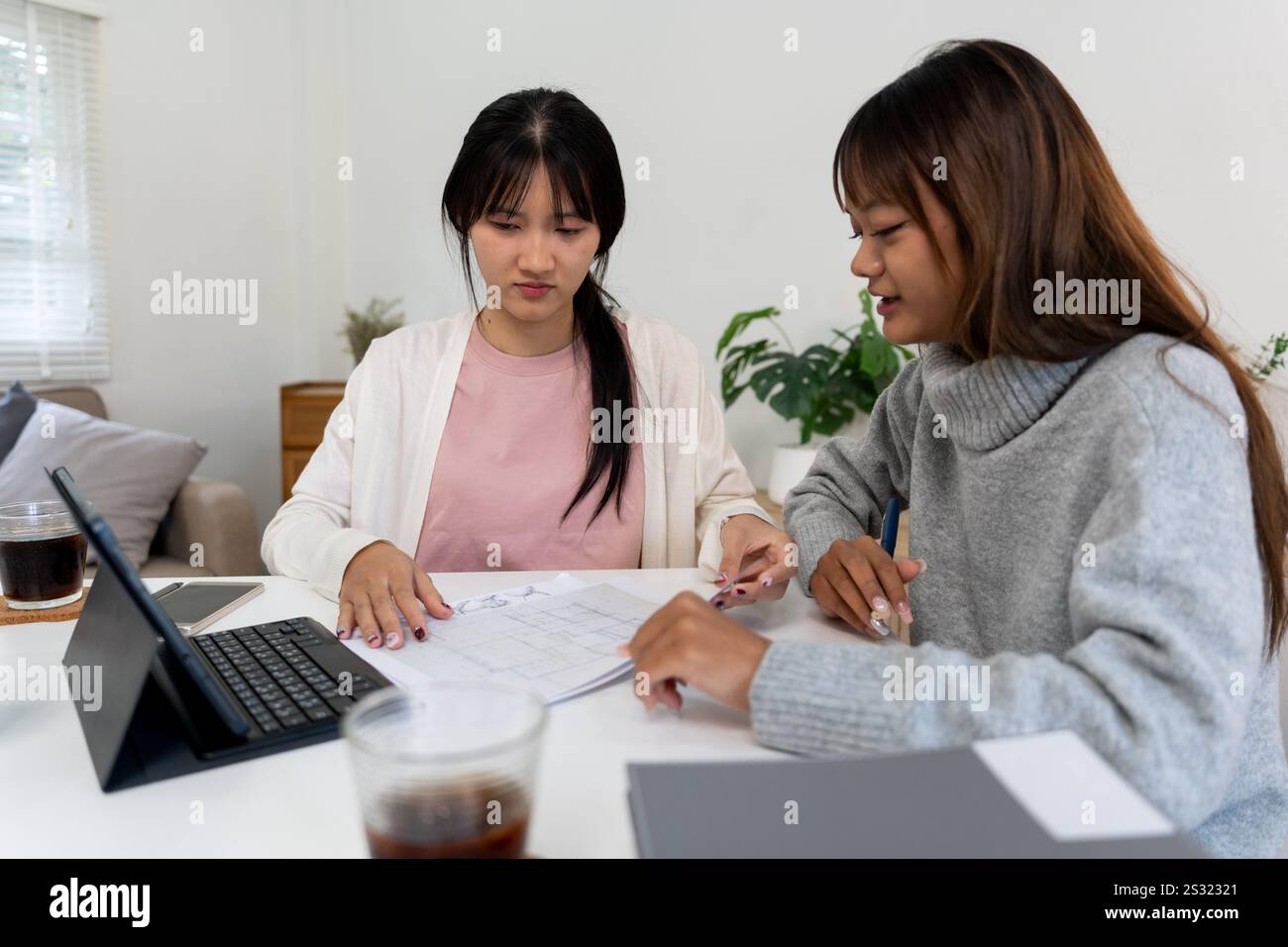 Female higher education student using laptop and studying book in home ...