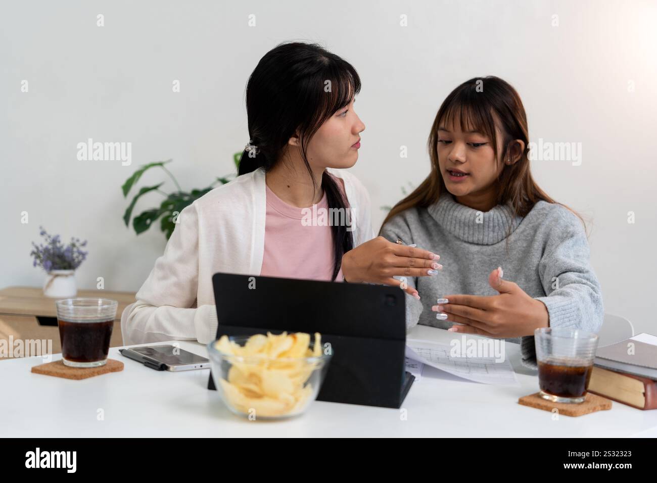 Female higher education student using laptop and studying book in home ...