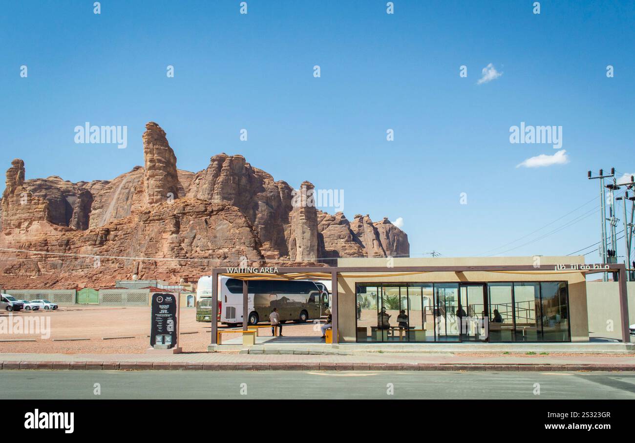 Alula, Saudi Arabia, April 3, 2024. View of Alula Winter Park tour bus ...