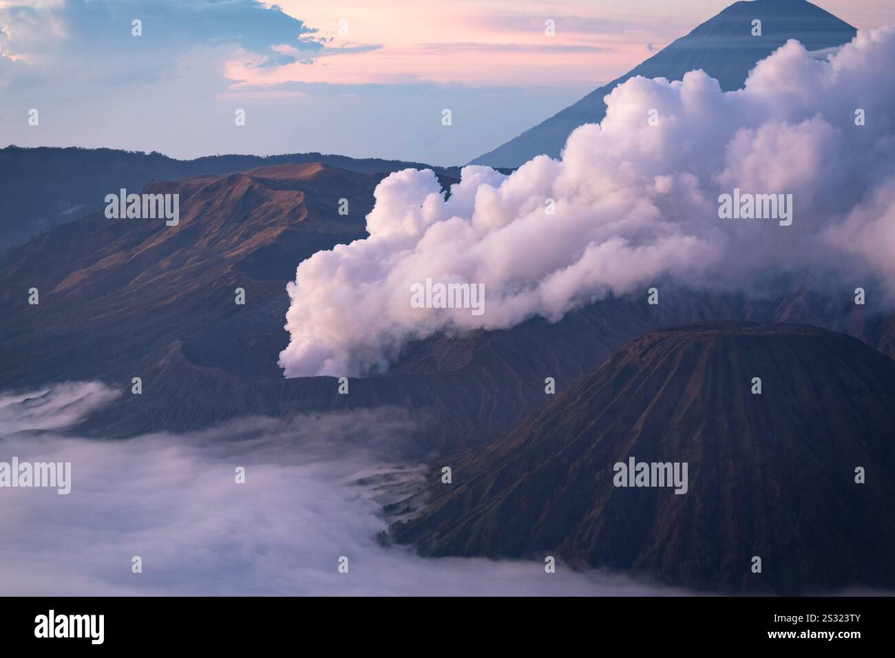 Smoke rising from Bromo volcano, Mount Bromo eruption Java island ...