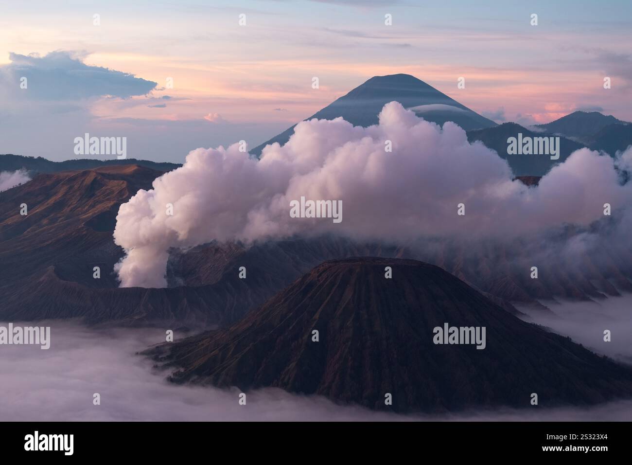 Smoke rising from Bromo volcano, Mount Bromo eruption Java island ...