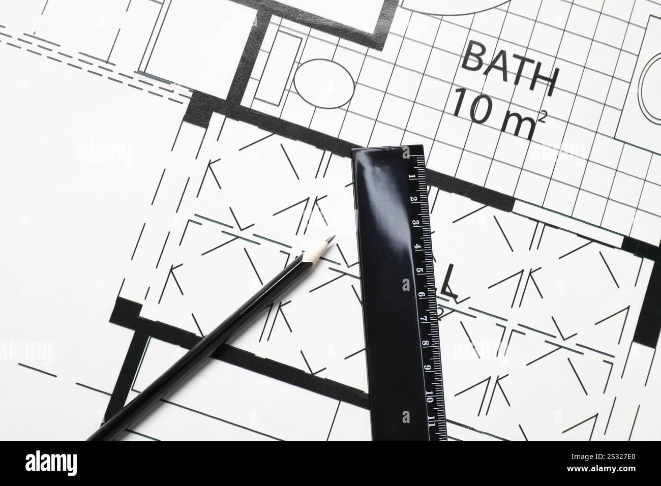 Ruler and pencil on different architectural drawings, top view Stock ...