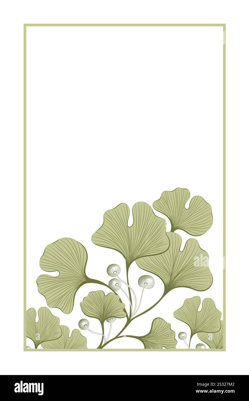 Invitaion template with ginkgo biloba leaves on white background. Line ...