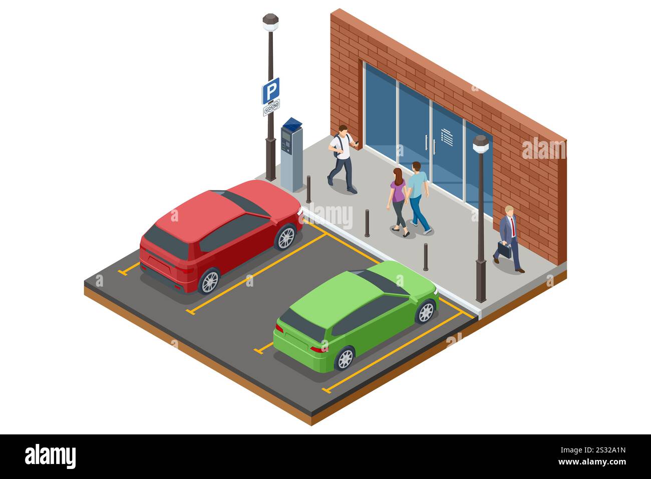 A detailed isometric vector image of a parking area with red and green ...