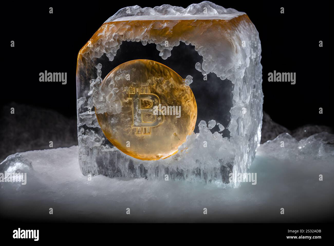 Bitcoin frozen inside ice cube, Bitcoin price crisis concept. Neural ...