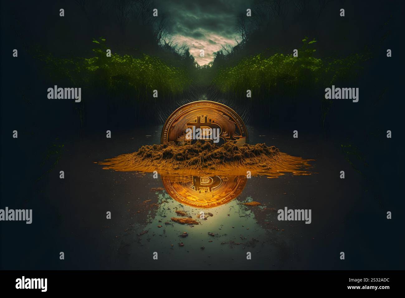 Bitcoin falling into the mud. The fall of the cryptocurrency. Neural ...