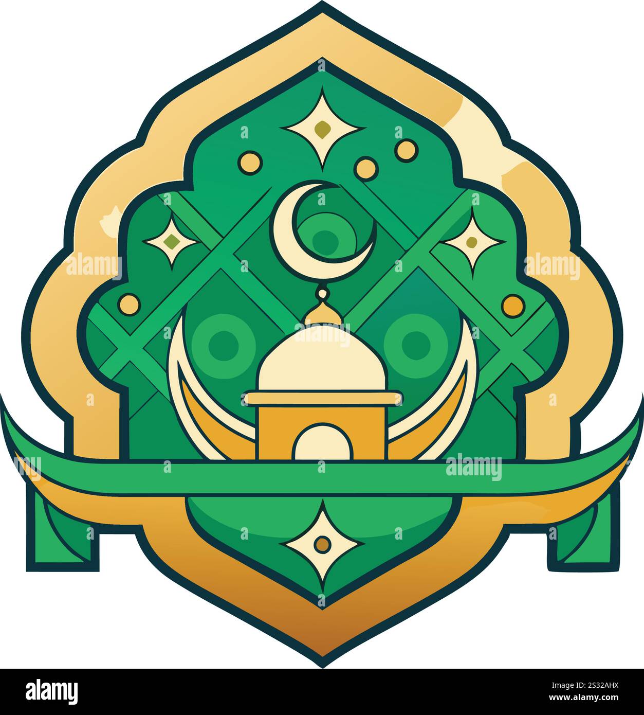 Traditional Islamic inspired design with green and gold crescent moon ...