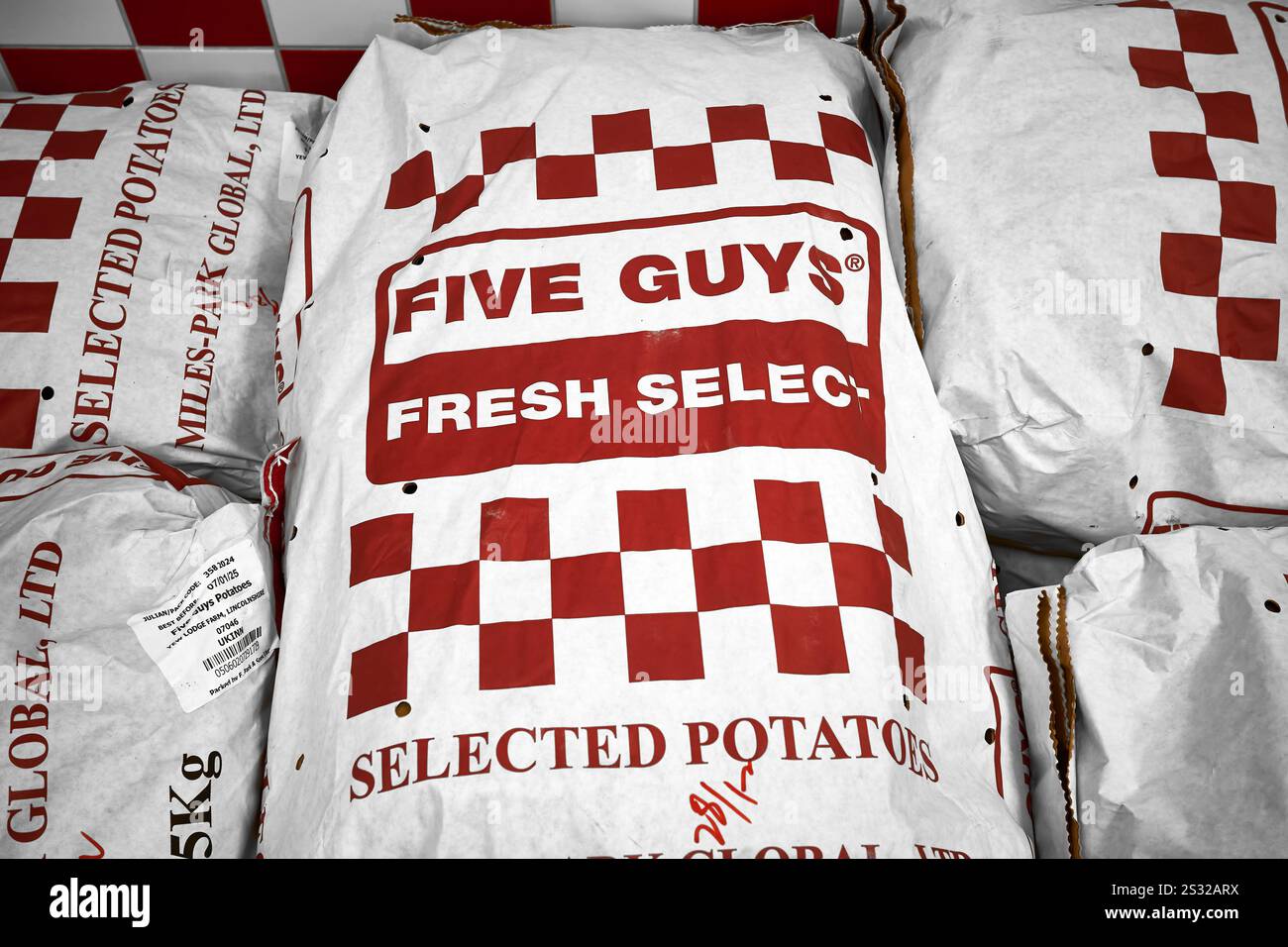 25 kg bags of potatoes at Five Guys restaurant, Charing Cross, London ...