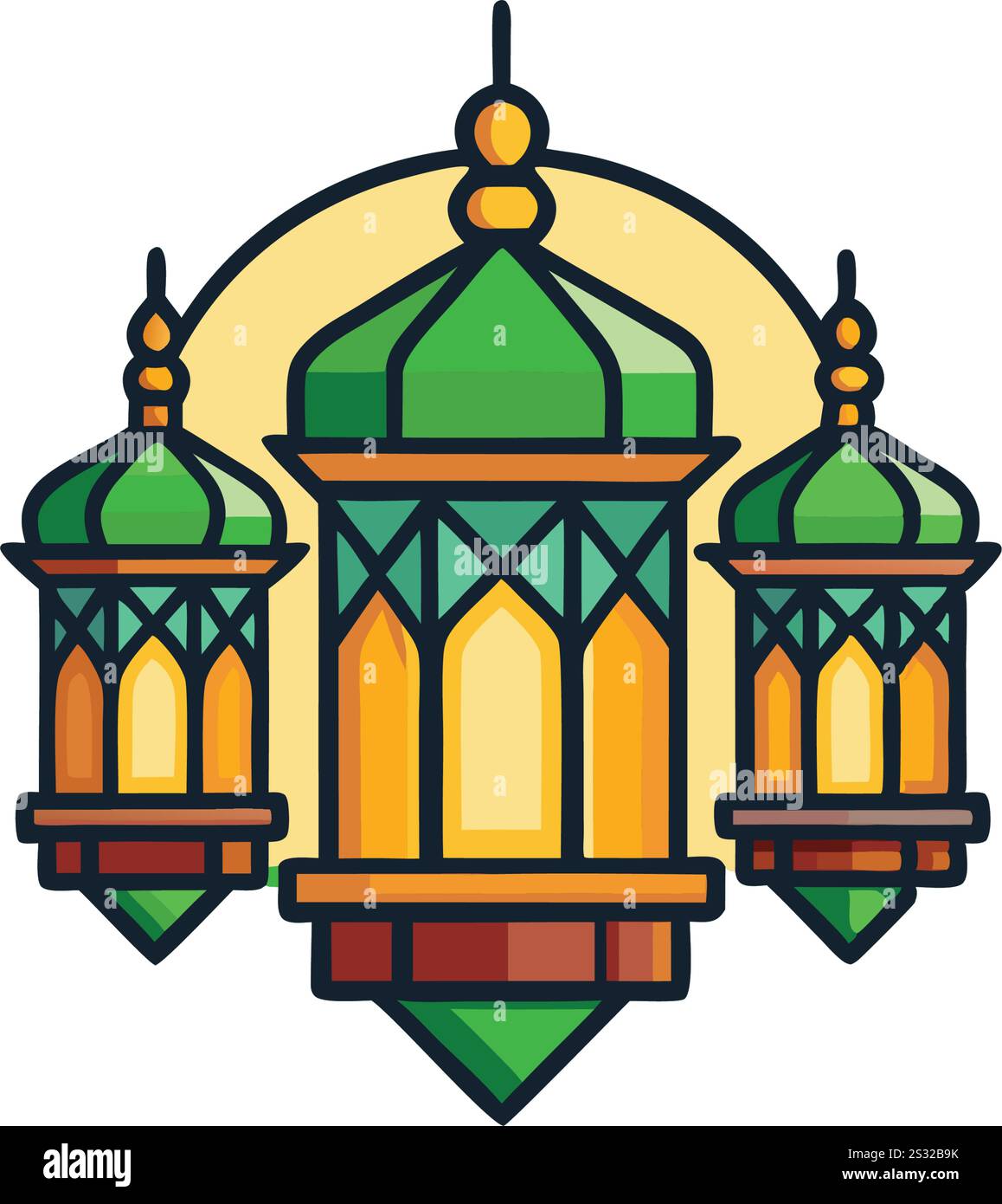 Vector art of Ramadan lanterns and mosque decor in green theme, ideal ...