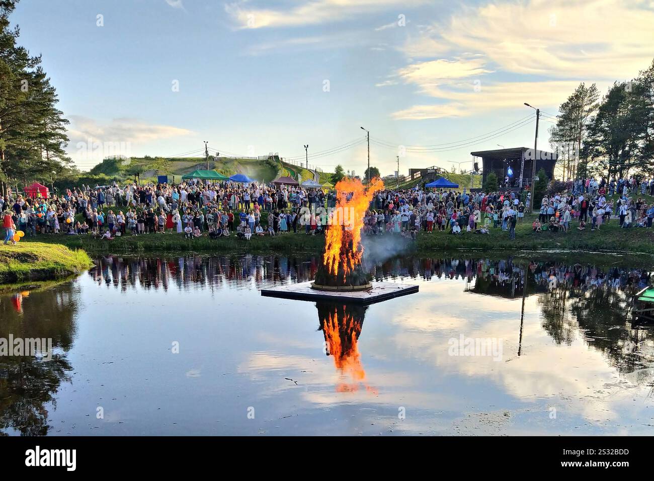 Traditional Bonfire Floating on a Lake for Midsummer Festivities Stock ...