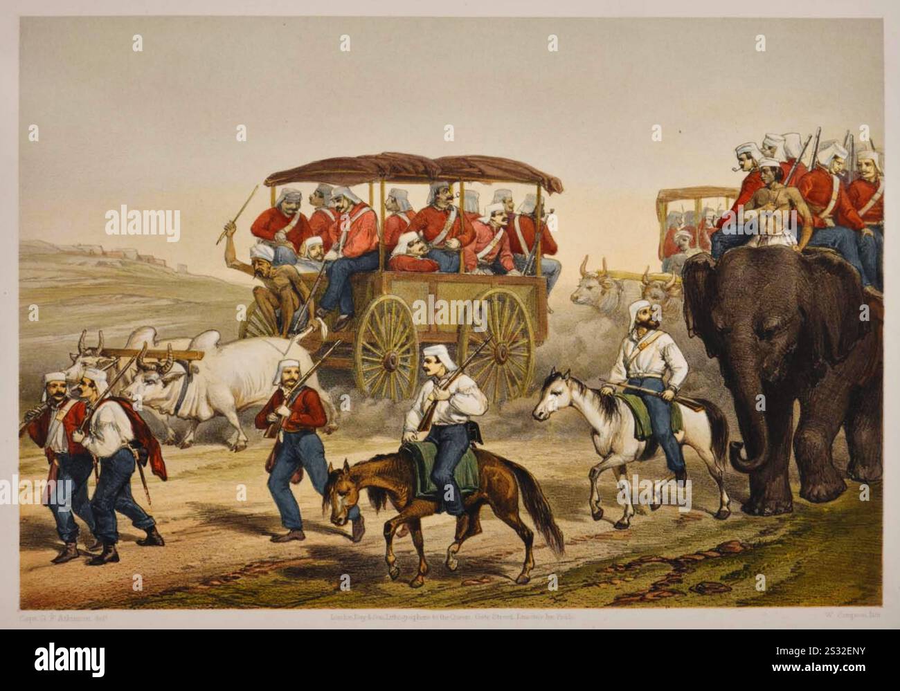 Troops Hastening To Umballa. Vintage 19th century Lithograph of British ...