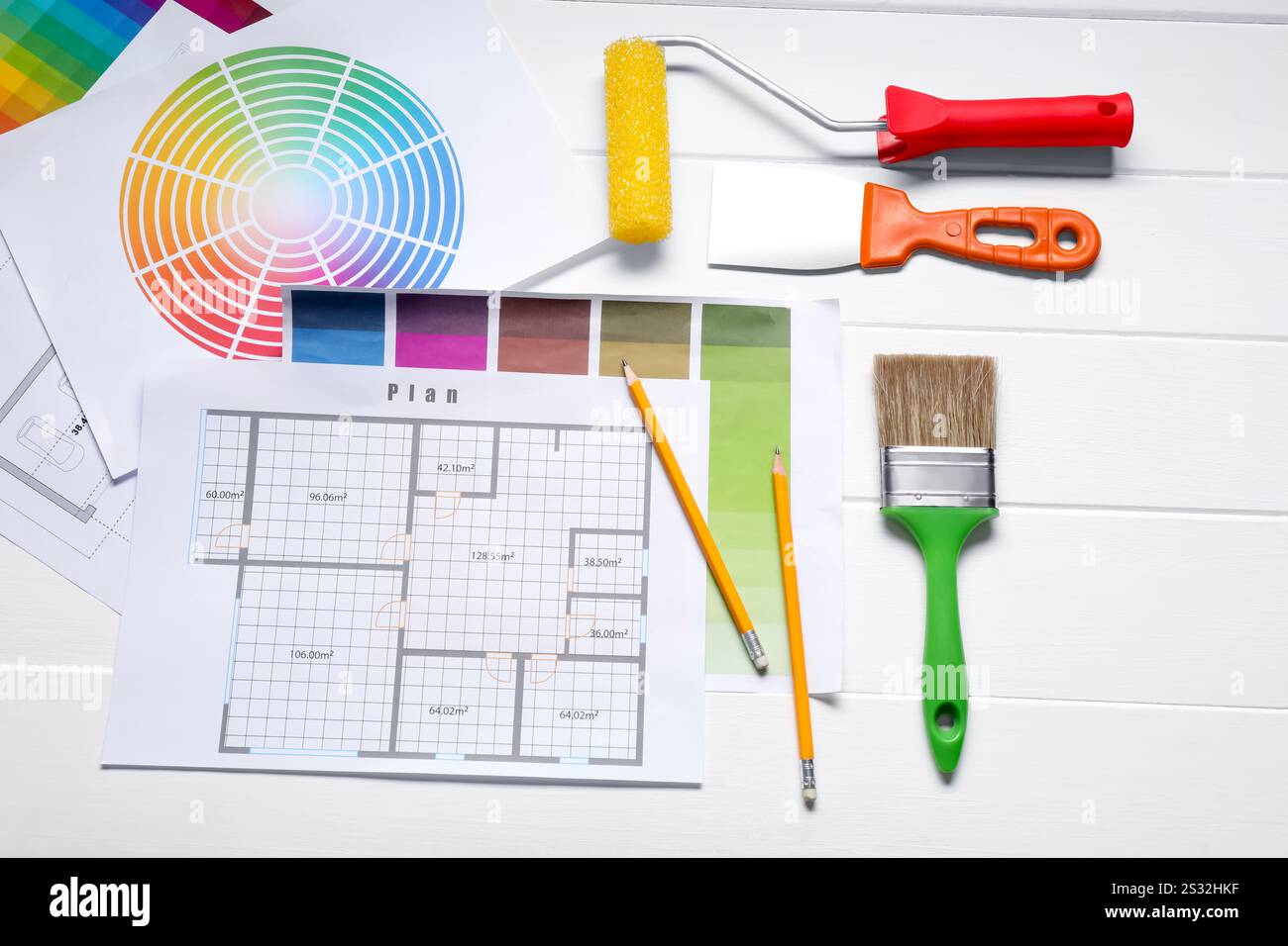 Designer's workplace with different color palettes, floor plans and ...