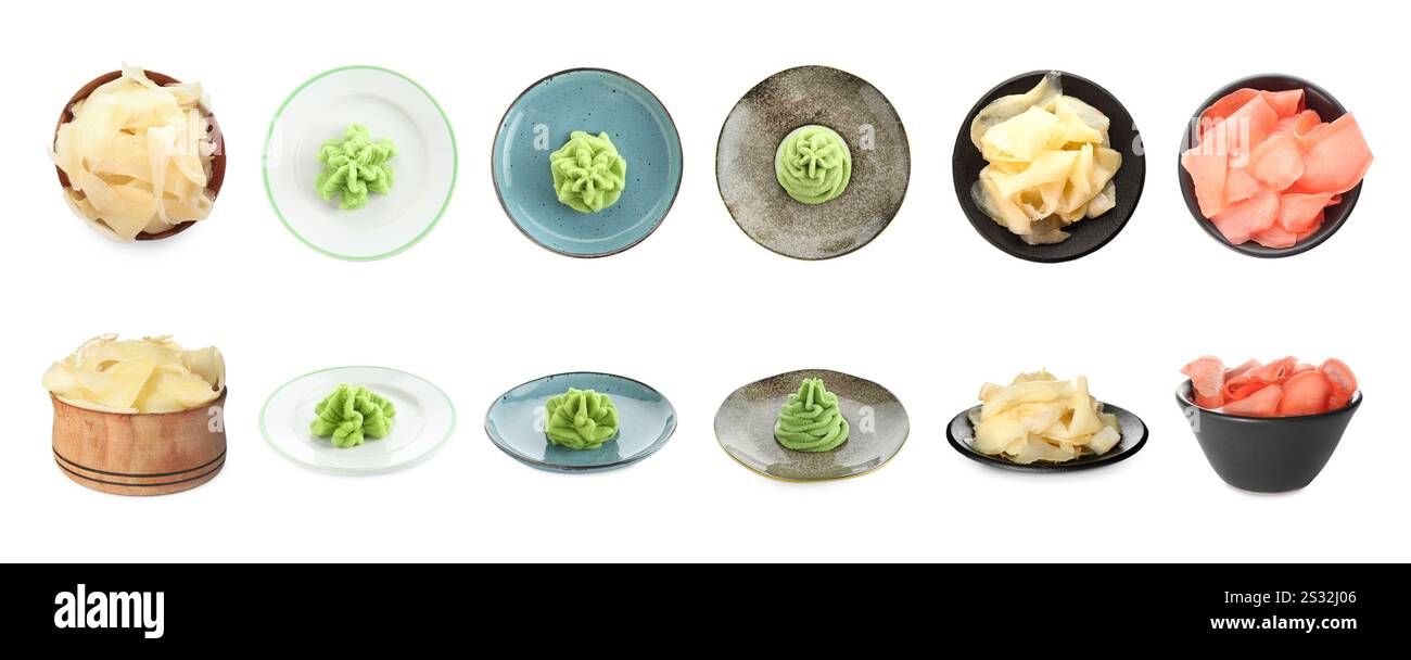 Wasabi and pickled ginger isolated on white, collage. Top and side ...