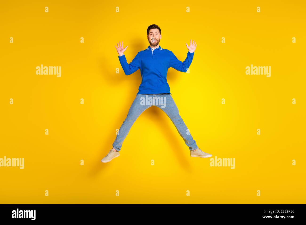 Full body photo of attractive young man jump excited have fun dressed ...