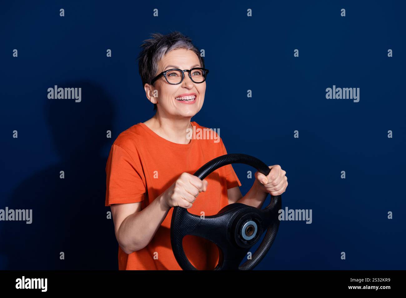 Photo portrait of attractive senior lady hold steering wheel cheerful ...