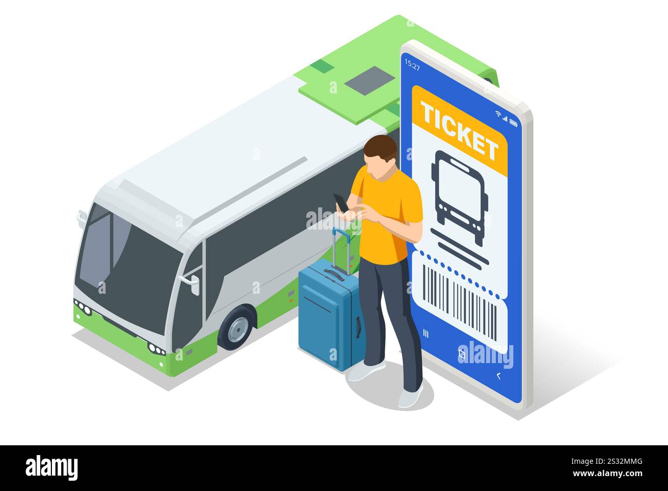 Green Bus with Ticket and Male Passenger. Isometric vector of a green ...