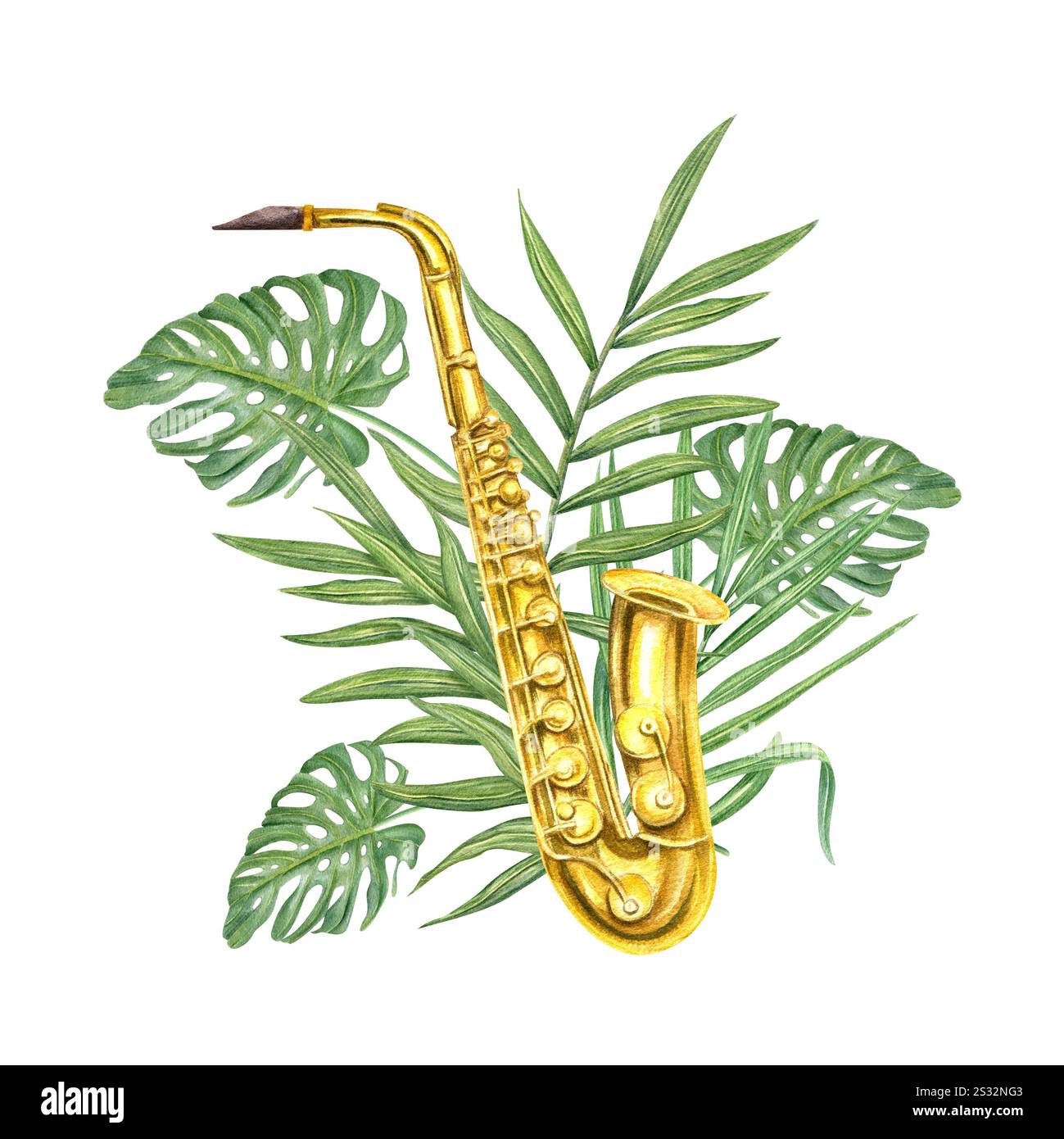 Watercolor shiny brass saxophone among tropical leaves illustration ...