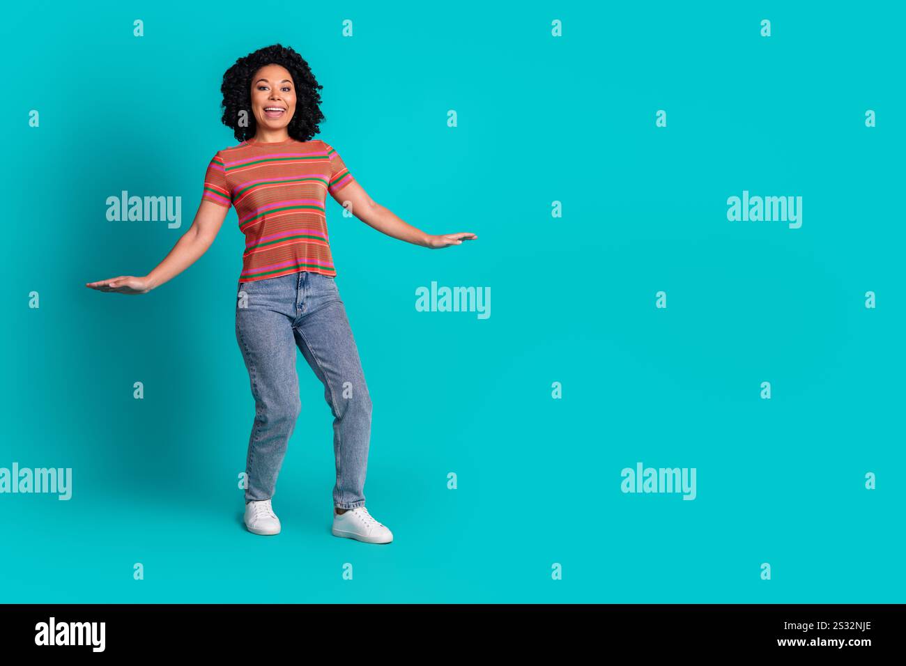 Full size photo of pretty young girl balancing empty space rope ...